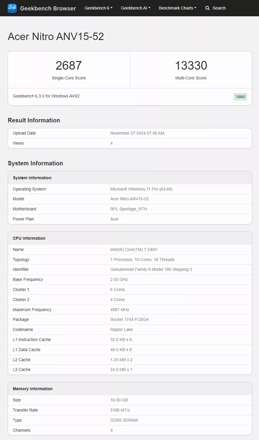 Intel Core 7 240H appears in benchmark leak with good results – ZaReason